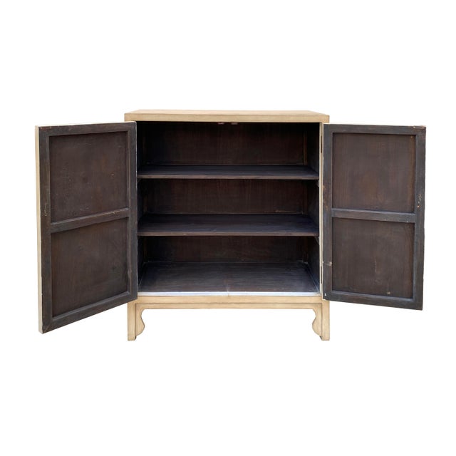 Chinese Distressed Beige Tan Water Mountain Graphic Credenza Cabinet ...