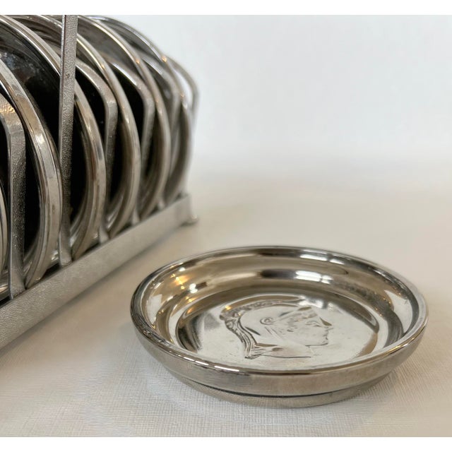 1960s Mercury Glass Roman Centurion Coasters in Caddy - 9 Pieces | Chairish