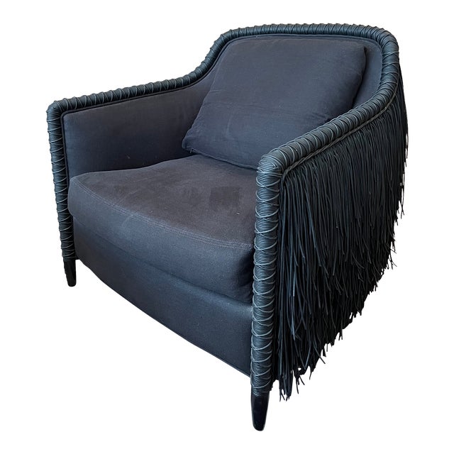 Baker Designer Lounge Chair with Leather Fringe Detail | Chairish