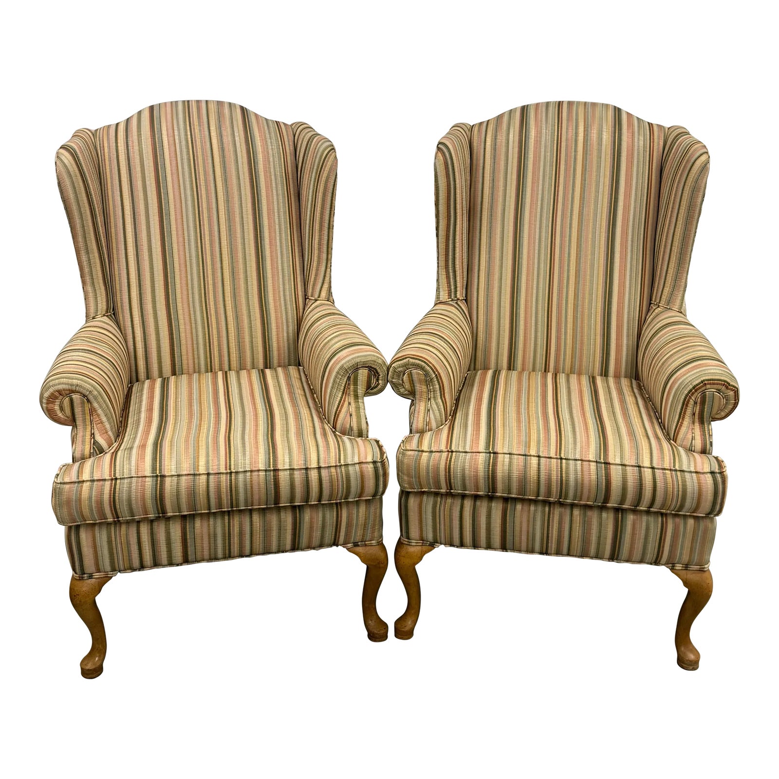 Late 20th Century Striped Wingback Upholstered Chairs - a Pair | Chairish