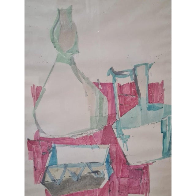 Mid Century Watercolour Painting of Tablescape With Red Cloth, 1956 ...