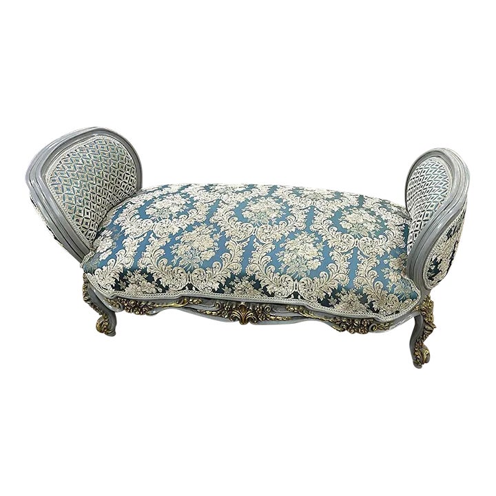 French Style Blue Tufted Bench With Gold Details | Chairish