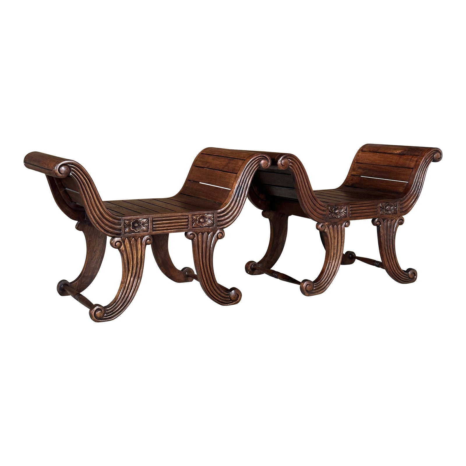 British Colonial Carved Teak Wood Ottoman Benches-Pair | Chairish