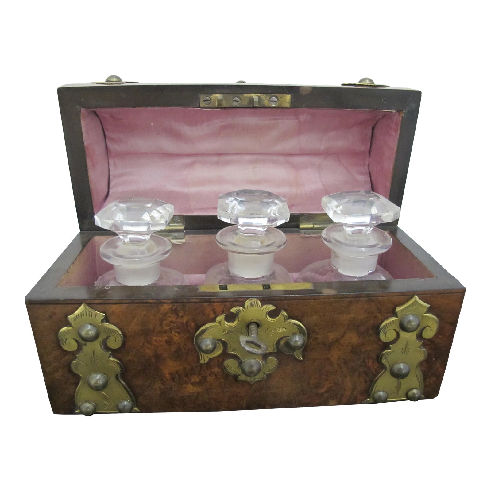 Antique Crystal Perfume Liquor Bottle Decanter in Wood & Brass Scent ...