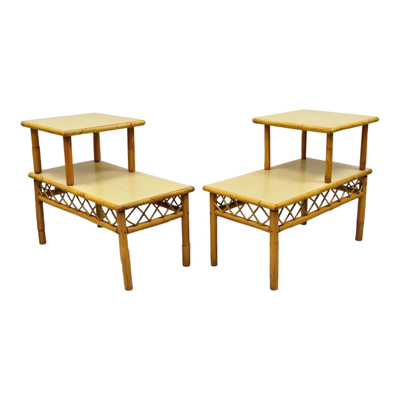 Vintage Tiki Rattan Mid Century Bamboo Step Up End Tables - a Pair ...