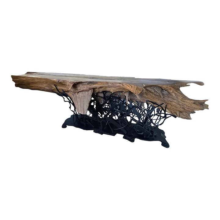 Majestic Cypress Tree Log Console With Sculptural Steel Base. Labeled ...