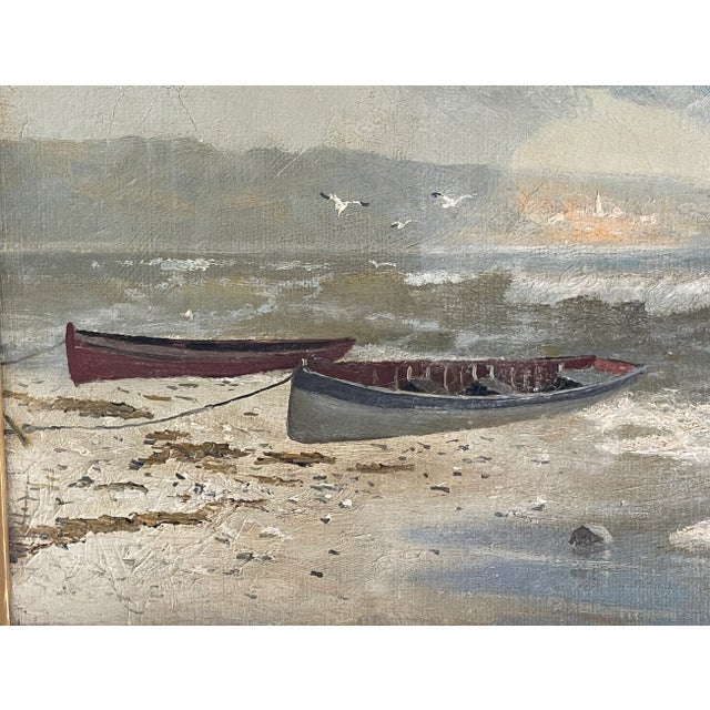 Antique Painting of a Seascape with Two Canoes and Sailboats by K E ...