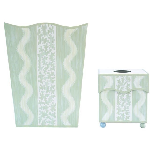 Green Ikat Tole Waste Basket & Tissue Box Set | Chairish