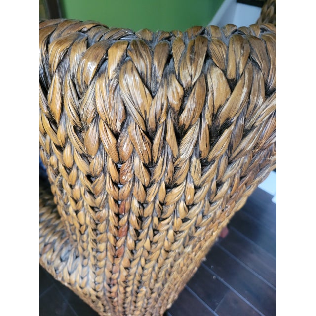 Vintage Coastal Braided Seagrass Wicker Brown Tone Barrel Back Side Lounge Chair W Blue White Cushion Chairish