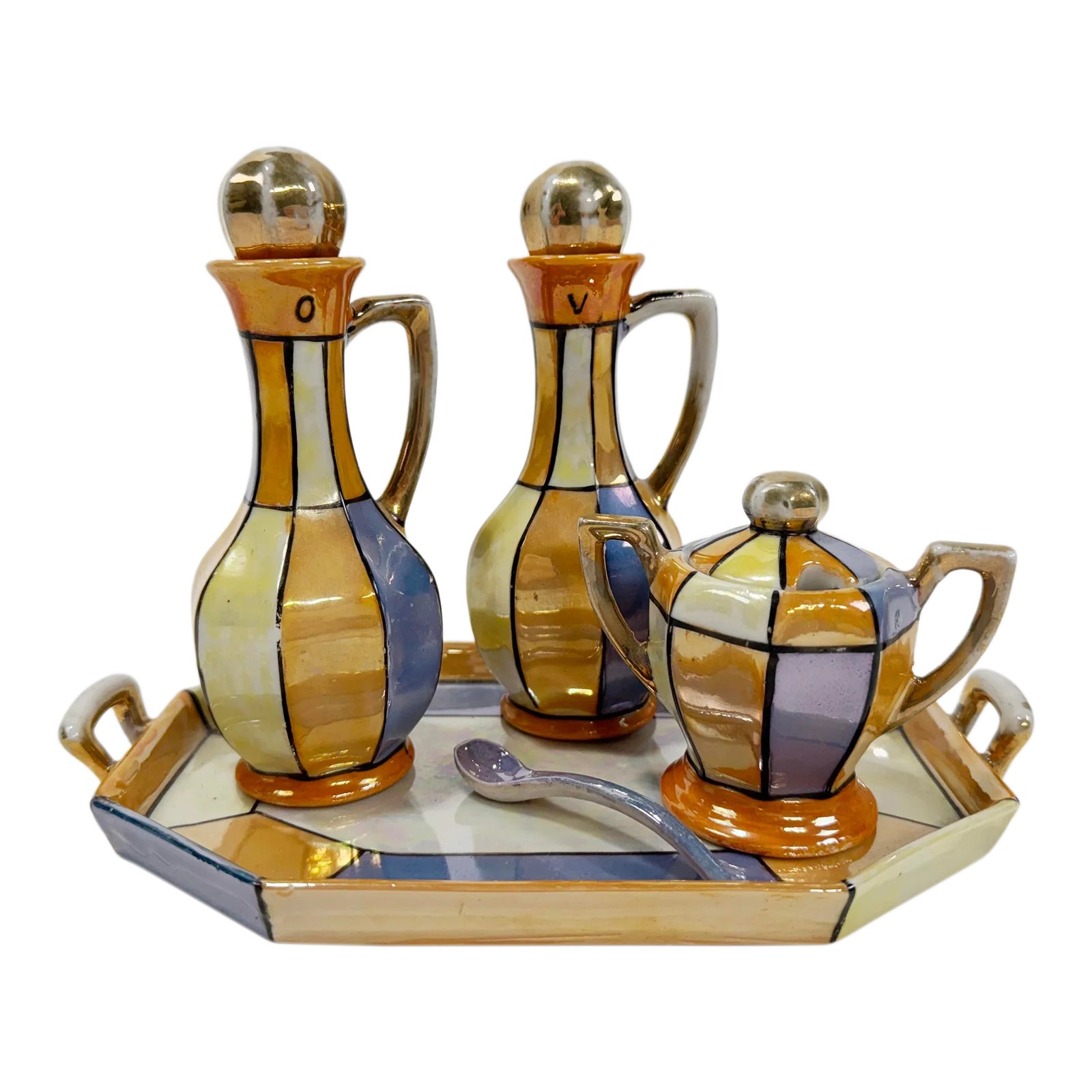 Vintage Japanese Hand-Painted Lusterware Condiment Set | Chairish