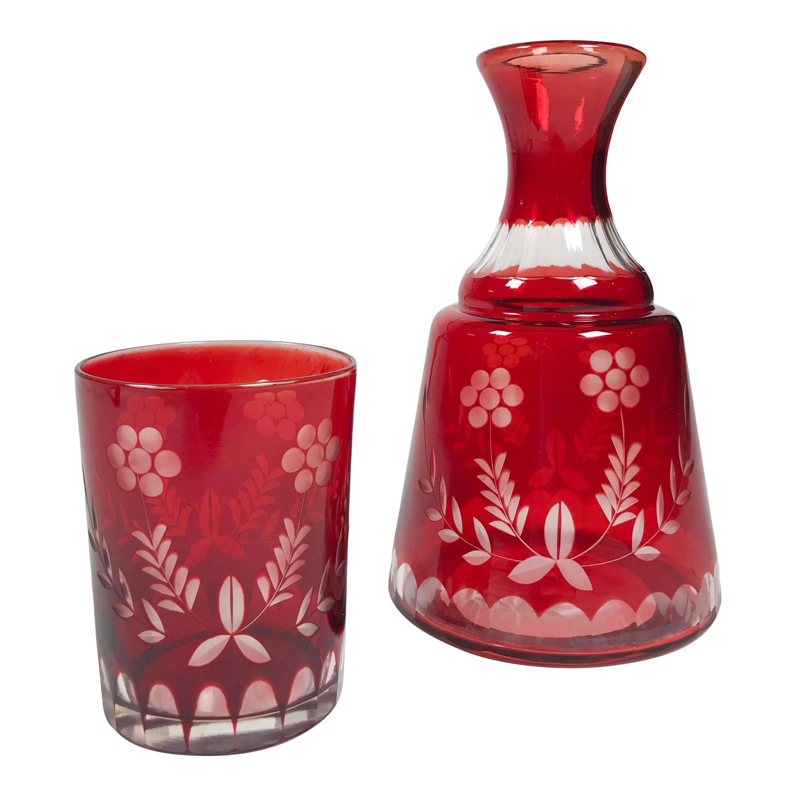 Bohemian Cranberry Cut Crystal Carafe and Glass | Chairish