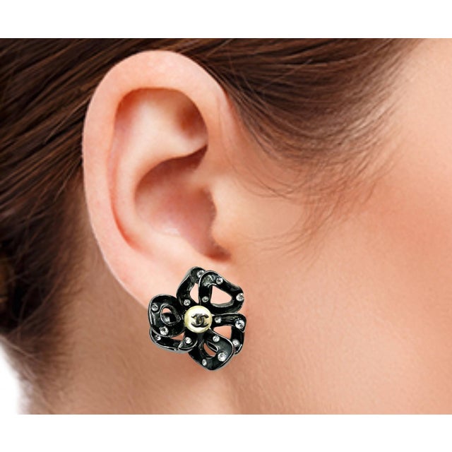 Chanel Black Camellia Crystal Pearl Large Clip On Earrings 2 Pieces
