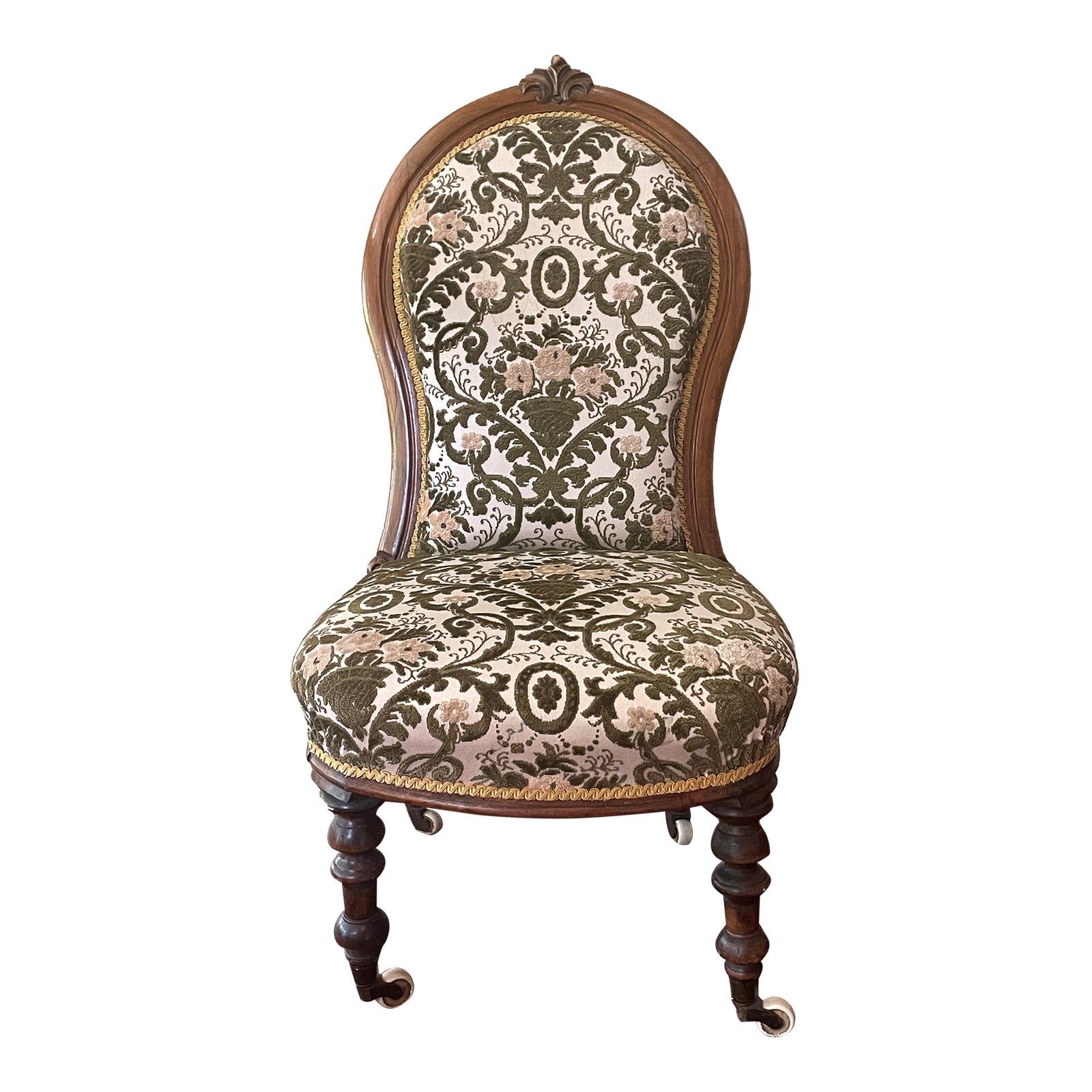 19th Century English Nursing Chair With Green Relief Brocade | Chairish