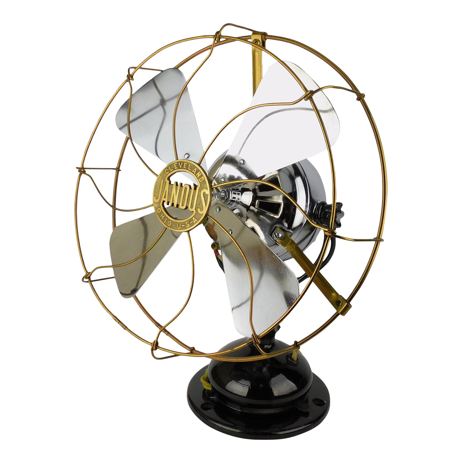 1909 Jandus Wire Mount Desk Fan Nickle Restored | Chairish