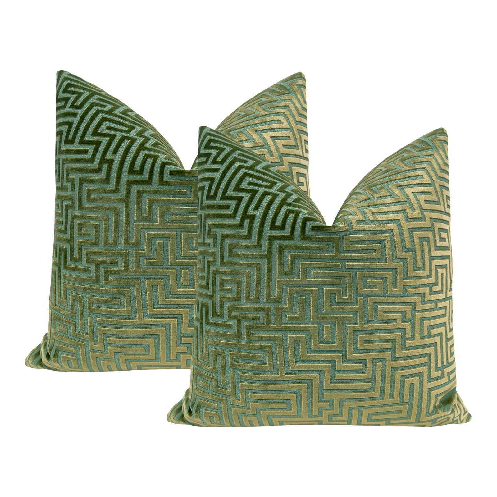 22" Olive Jade Labyrinth Cut Velvet Pillows - a Pair | Chairish