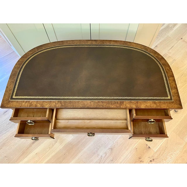 Burled Walnut, Brass and Leather Top Demilune Desk by Sligh | Chairish