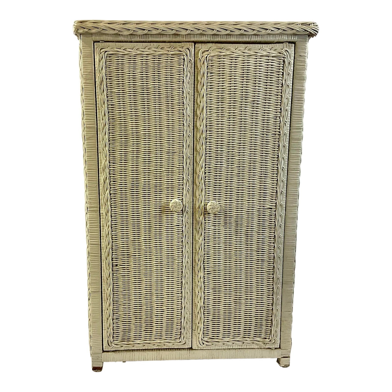 Mid-Century Boho Coastal Chic White Wicker Standing Cabinet Cupboard ...