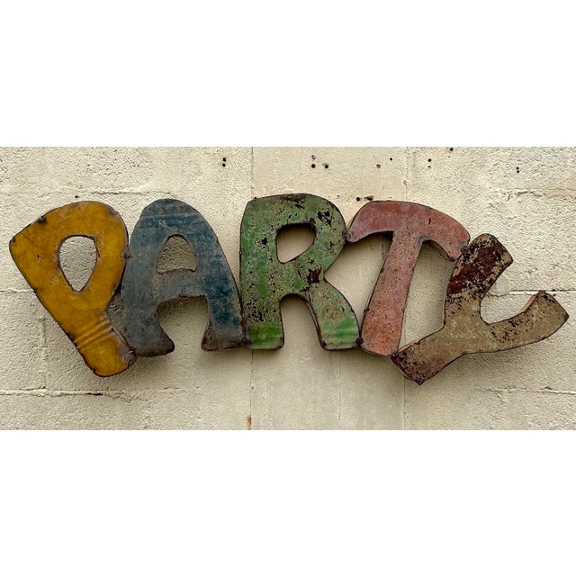 Vintage Distressed Patinated Steel Party Sign | Chairish