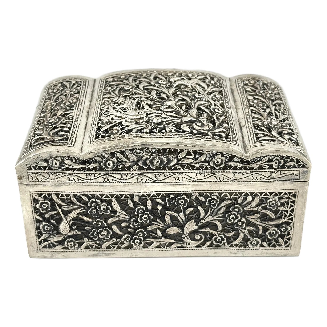 Antique Silver Lidded Box, Dome Top, Pierced Repoussé Birds & Floral ...