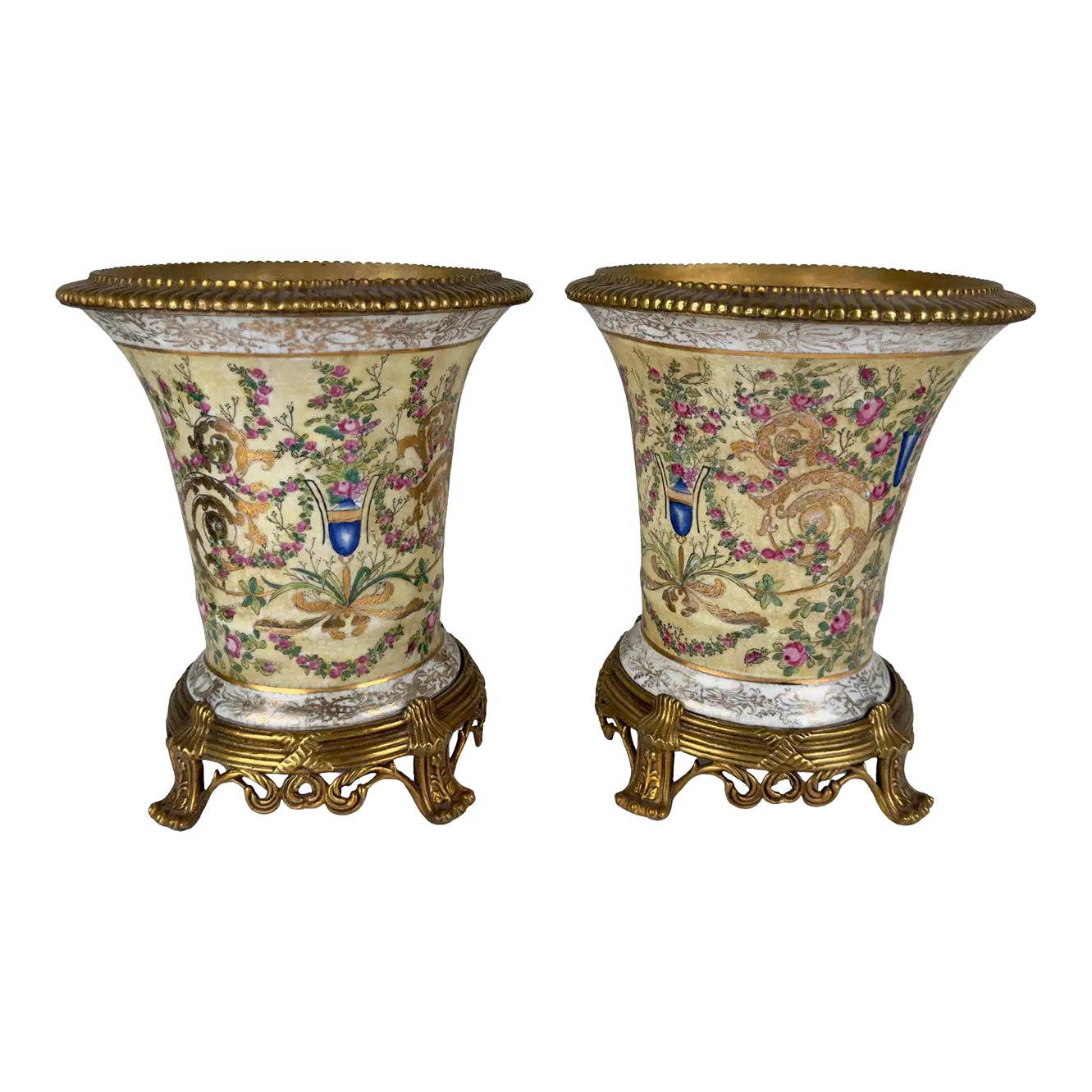 Vintage Chinese Hand-Painted Porcelain Vase or Planter With Bronze Base ...