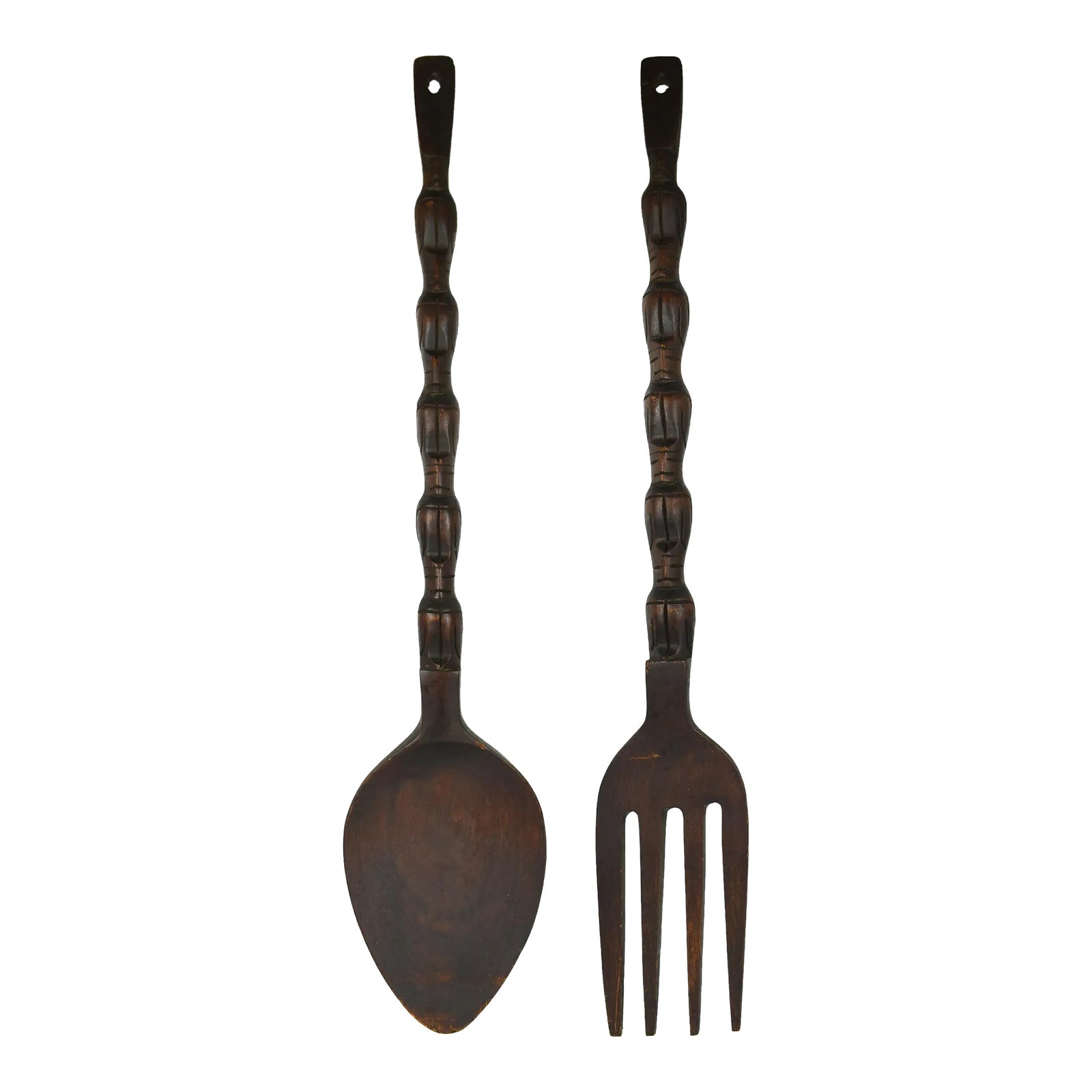 Mid 20th Century Hand Carved Tall Solid Wood Hanging Fork and Spoon Set ...