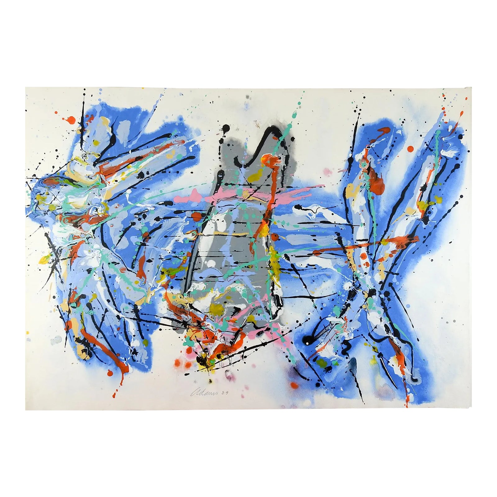 Abstract Expressionist Jerry Adams Blue Red Painting on Paper | Chairish