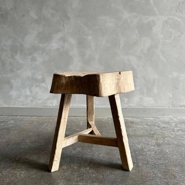 Vintage Elm Wood Stool or Side Table in Natural Finish | Chairish