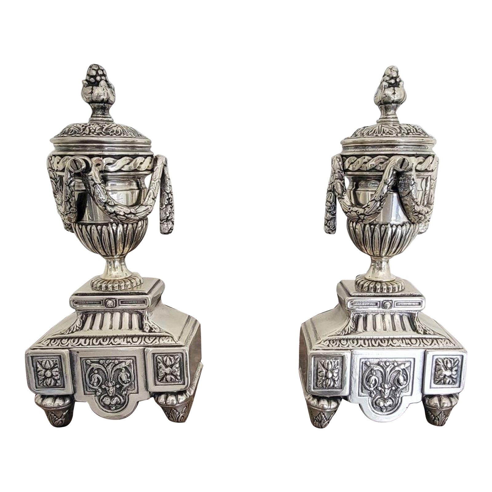 Italian Die-Cast Brass Andiron Set in Silver Antique Finish - a Pair ...