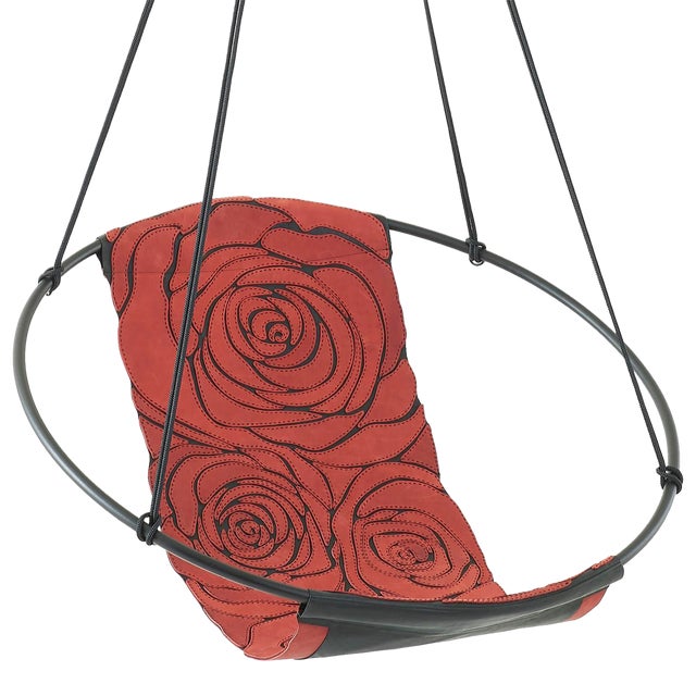 Red Hand Stitched Rose Pattern on Leather Sling Hanging Chair | Chairish