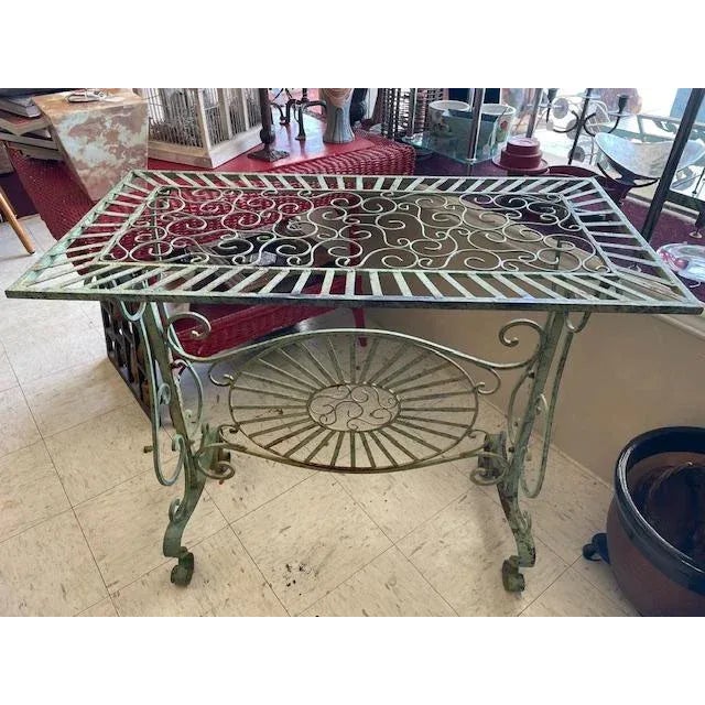 Vintage Green Metal Iron Scroll Ornate Patio Console Table | Chairish
