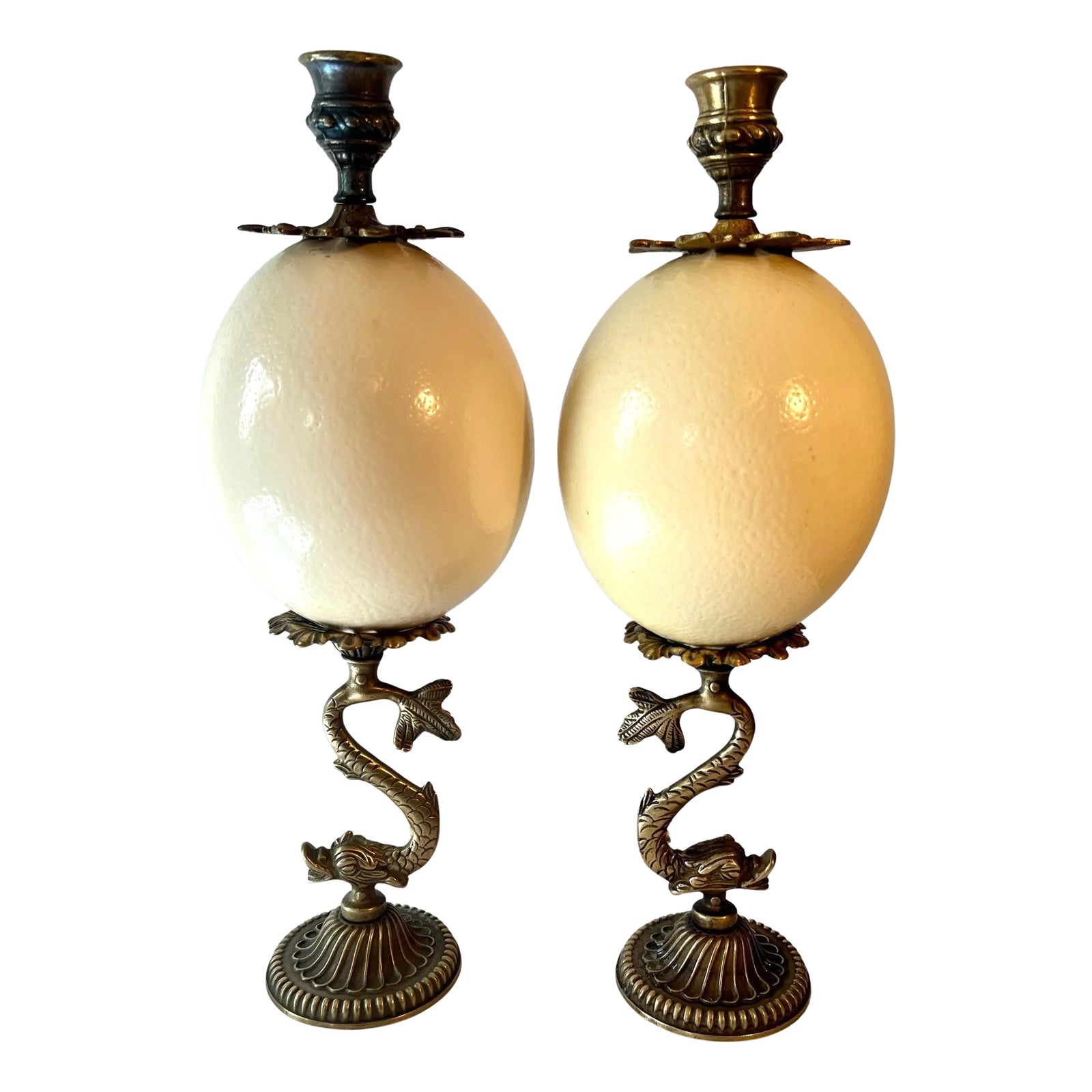 Pair of Ostrich Eggs on Brass Dolphin Bases in the Style of Antony ...