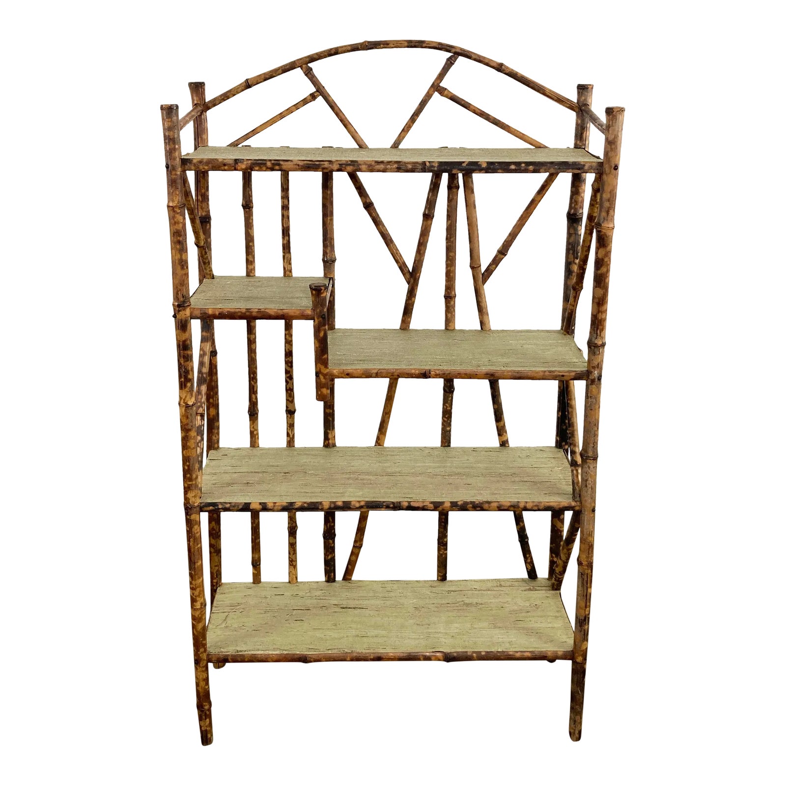 Vintage Scorched Bamboo Tiered Shelf With Grasscloth Liner | Chairish