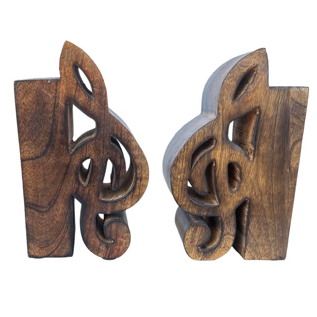 Wooden Pair Book Ends Music Notes Form Wood Carved Sculptural Vintage ...