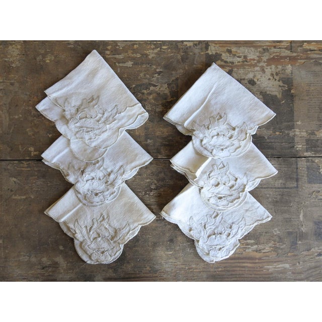 Vintage Ecru Linen Cutwork Embroidery Tablecloth and 6 Napkins | Chairish