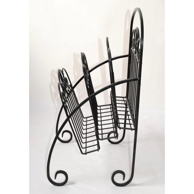 1970 Vintage Scrolled Black Wrought Iron 3 Tier Magazine Rack | Chairish