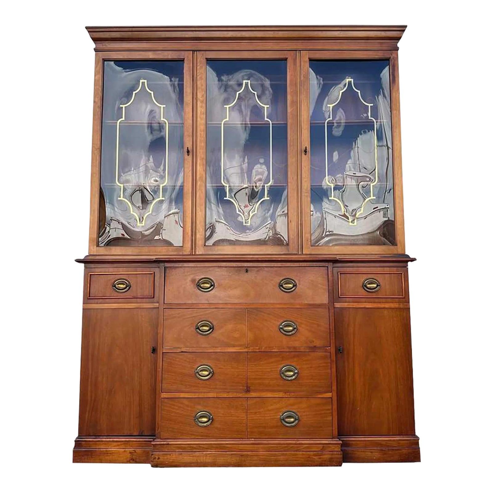 1950s Vintage Breakfront Cabinet With Gold Pagoda Bubble Glass Doors ...