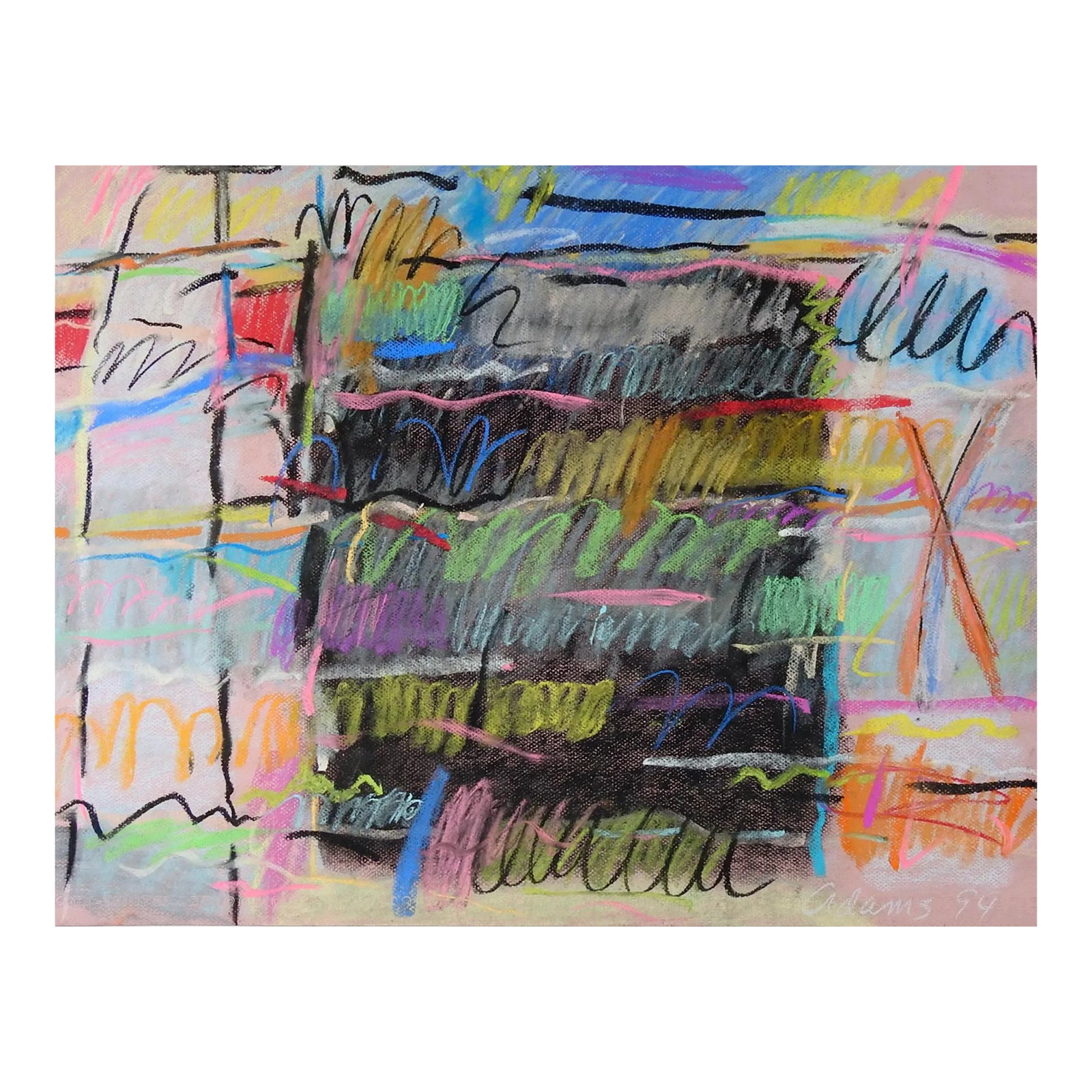 1994 Bold Abstract Jerry Adams Black Pink Blue Pastel Painting | Chairish