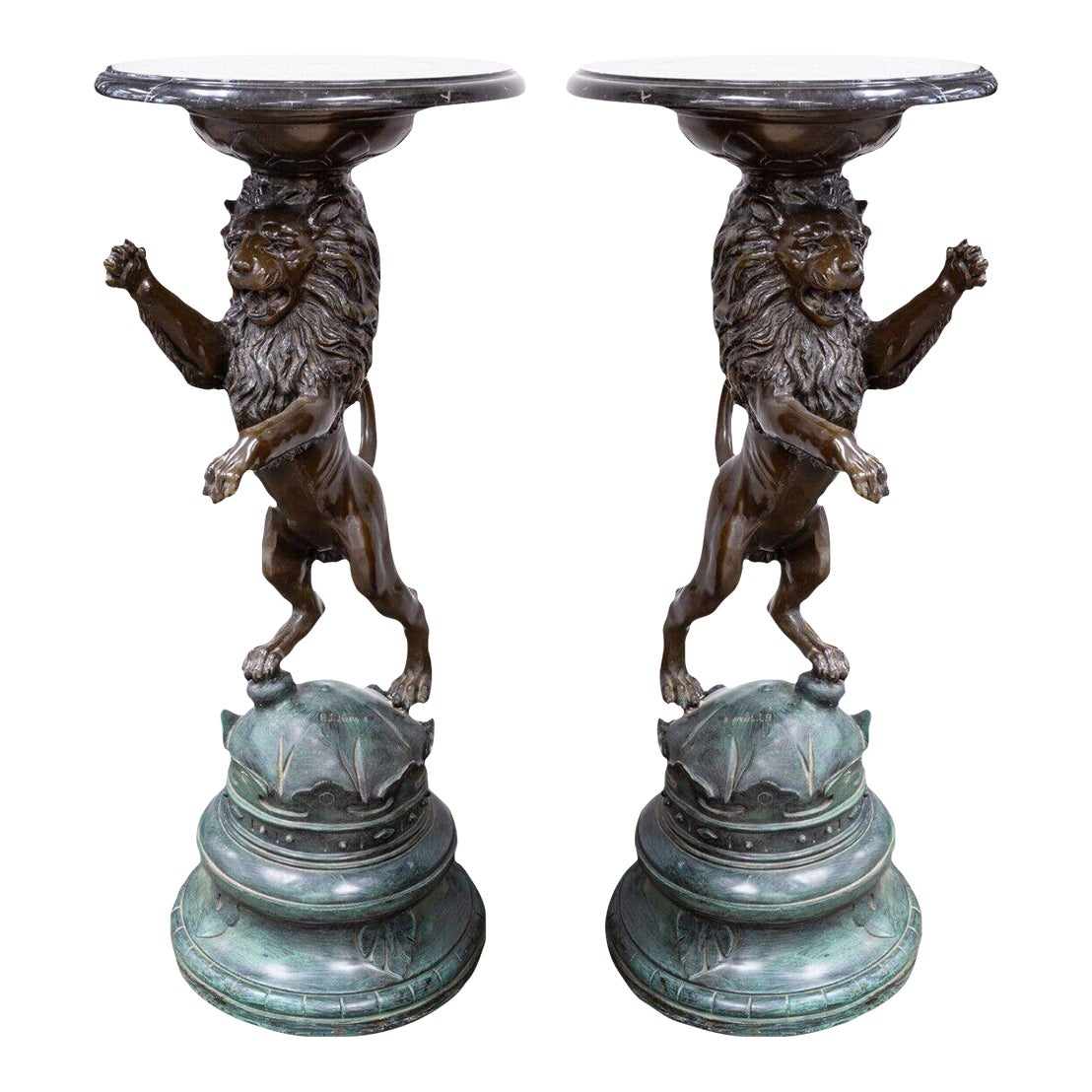 Mid 20th Century Cast Bronze & Marble Top Lion Sculptures After P.J ...