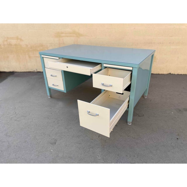 Mid Century Double Pedestal Tanker Desk Refinished in Sea Foam | Chairish