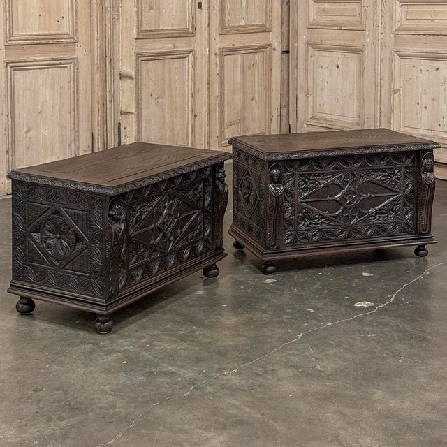 Pair 19th Century French Gothic Revival Trunks ~ Blanket Chests | Chairish
