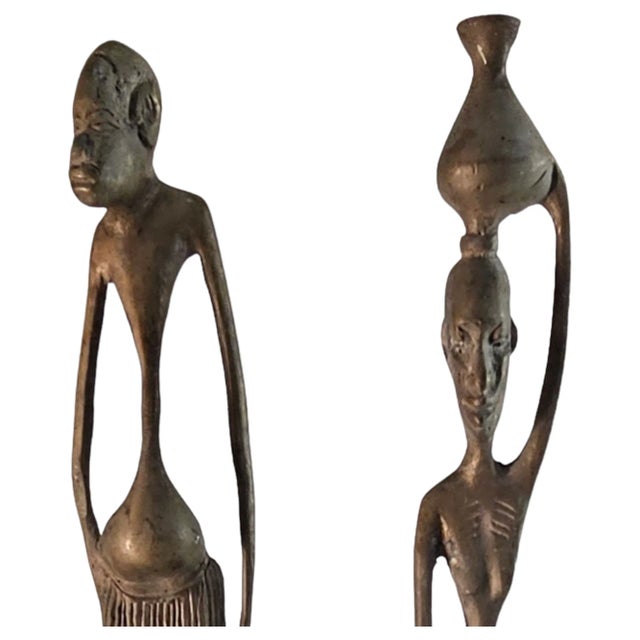 Elongated African Tribal Brass Bronze Statues Set of 6 | Chairish