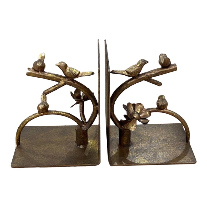 Handmade Birds in a Tree Bookends in Antique Gold - A Pair | Chairish