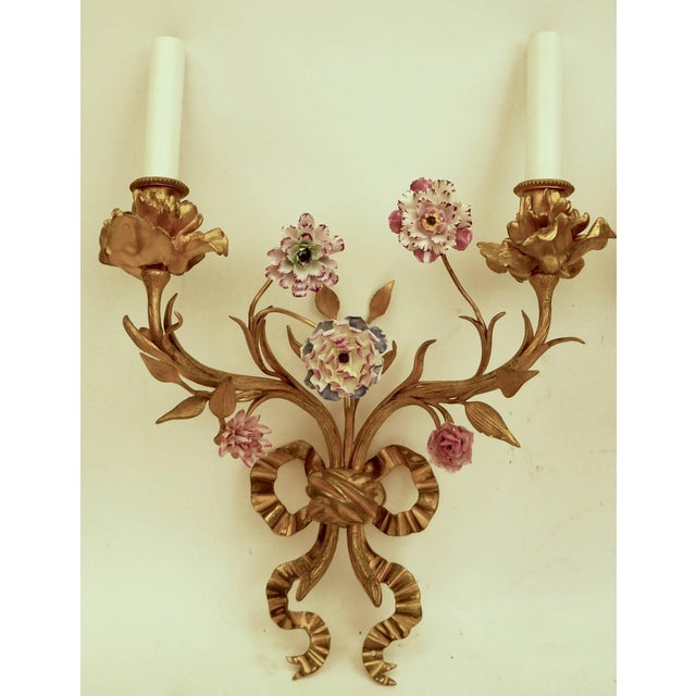 Louis XVI Style Gilt Bronze Sconces with Porcelain Flowers - A Pair ...