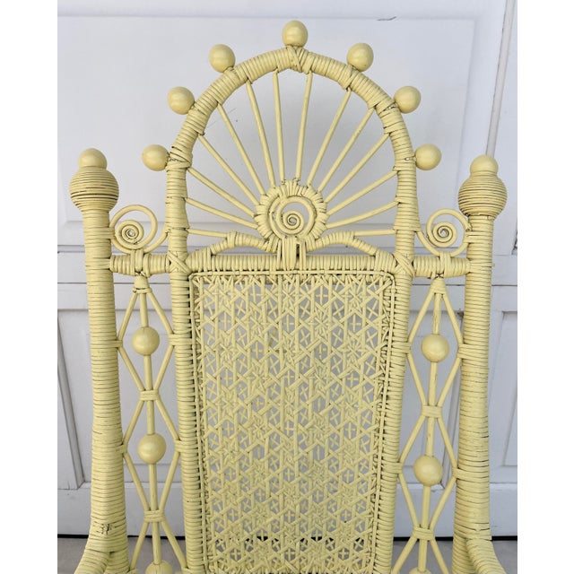 Early 20th C. Meringue Yellow Wicker Rattan Rocker | Chairish