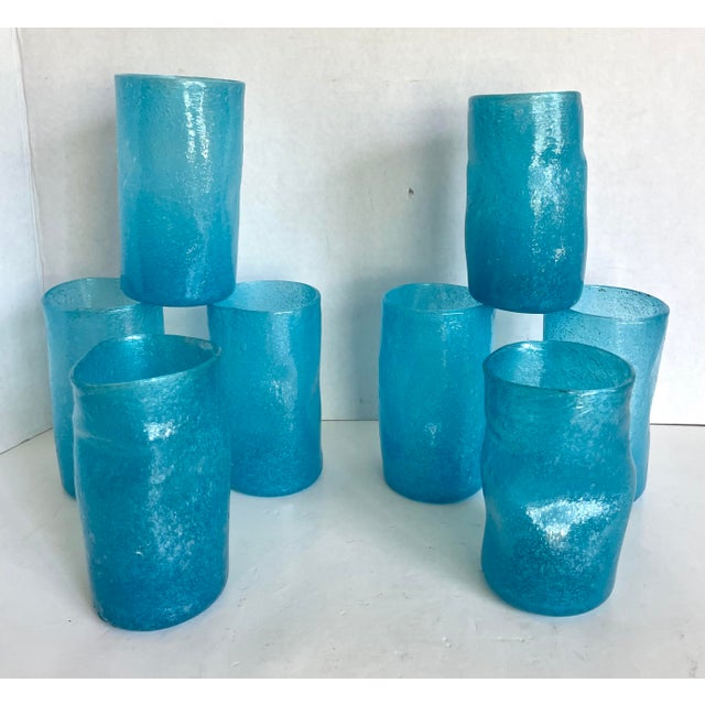 Set of 8 Hand-Blown Blue Bubbly Art Glass Tumbler Glasses | Chairish