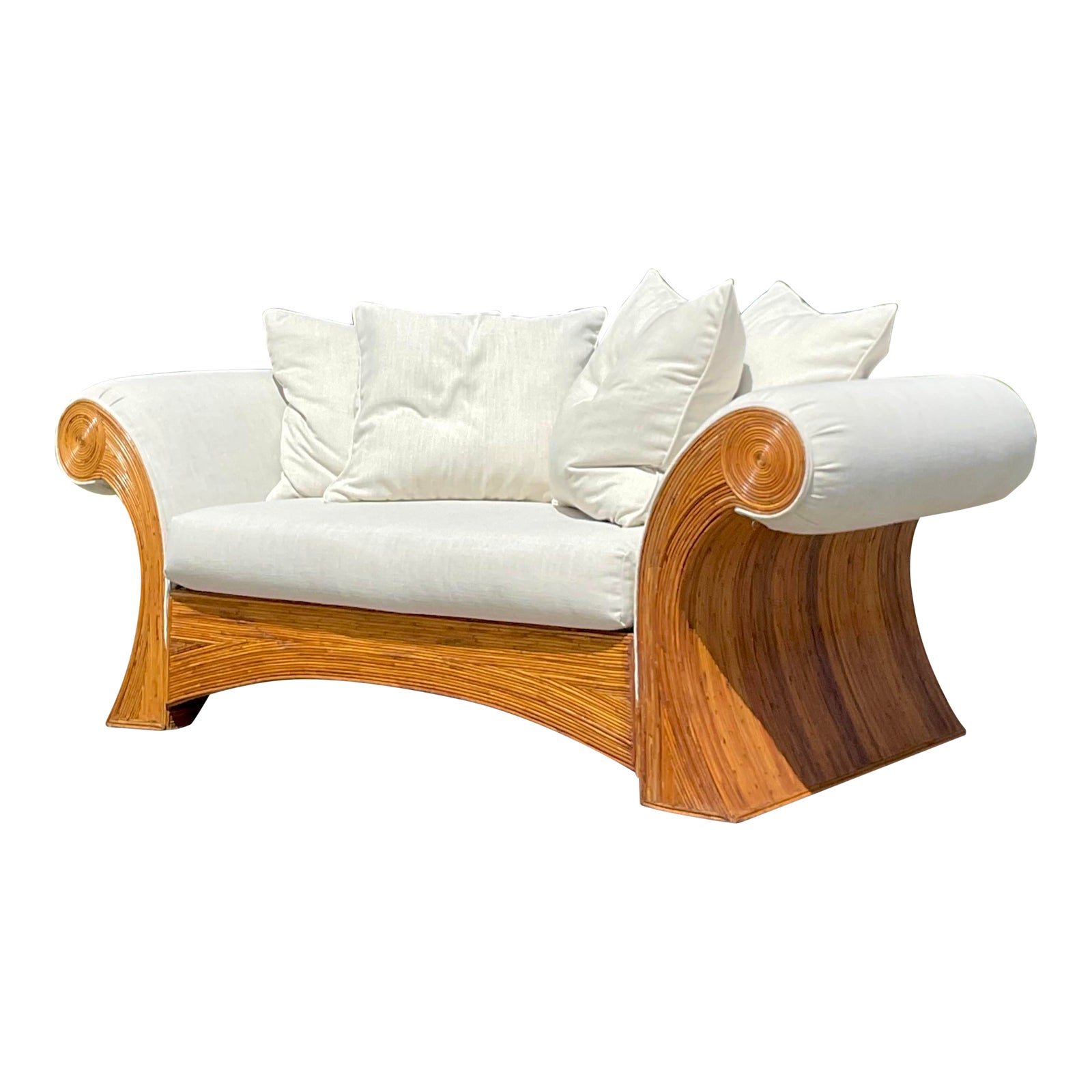 Vintage Coastal Pencil Reed Roll Arm Sofa | Chairish