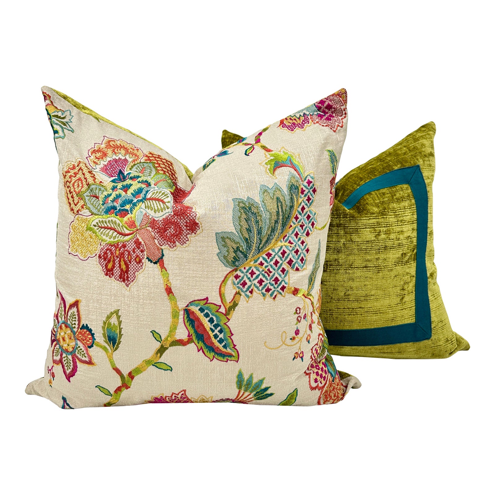 Embroidered Multi Color Linen, Green Velvet With Teal Grosgrain Ribbon ...