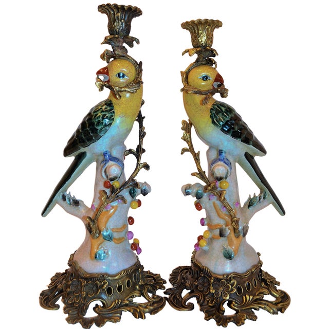 1980's Porcelain Ormolu Parrot Candle Holders - a Pair | Chairish