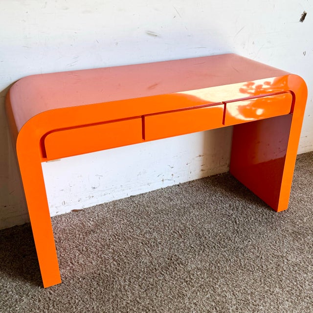 Postmodern Orange Lacquer Laminate Waterfall Desk/Console Table | Chairish