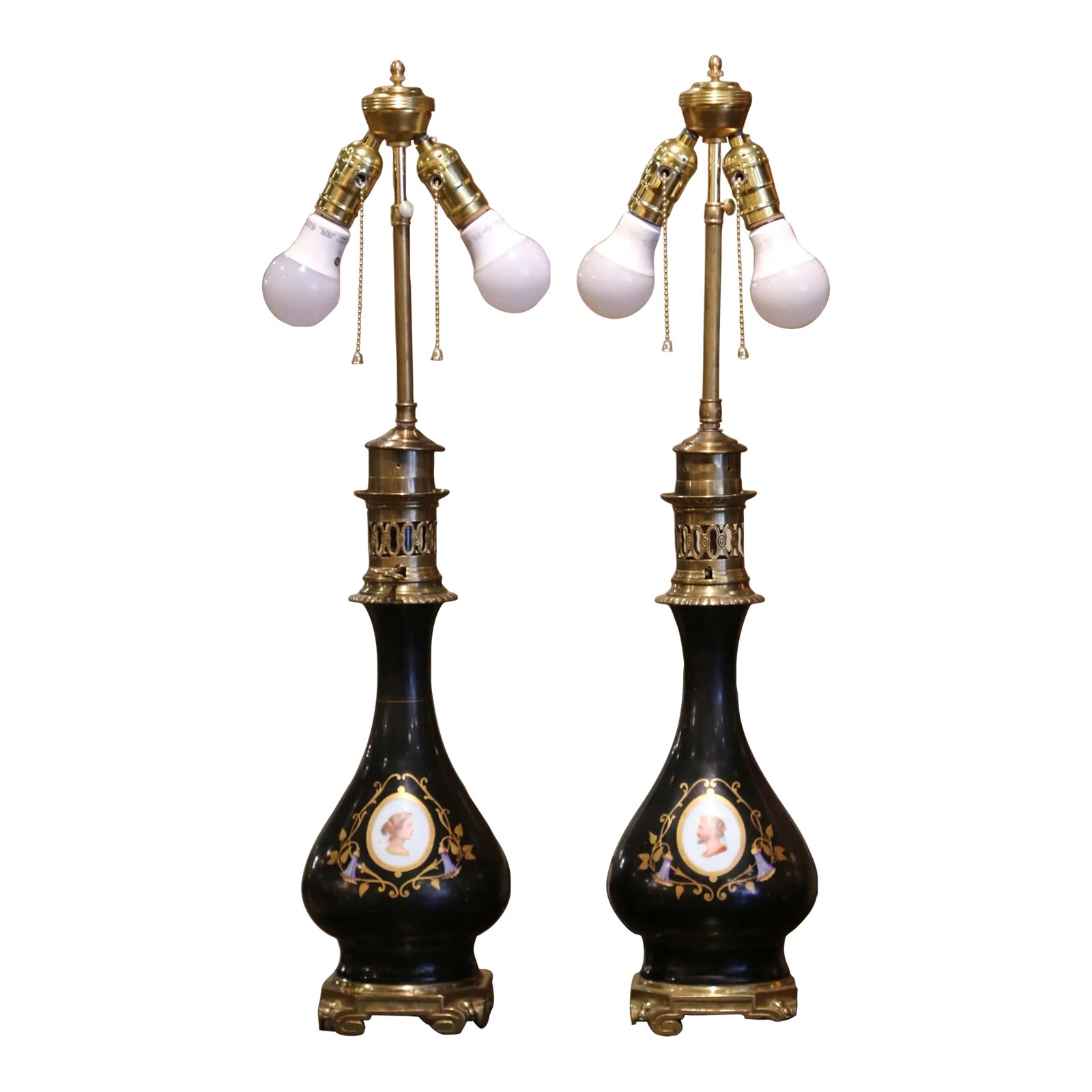 Pair of 19th Century French Painted Porcelain Table Oil Lamps on Bronze ...
